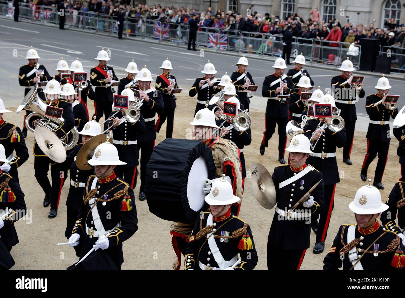 Members of a military marching band walk ahead of the State Funeral of ...