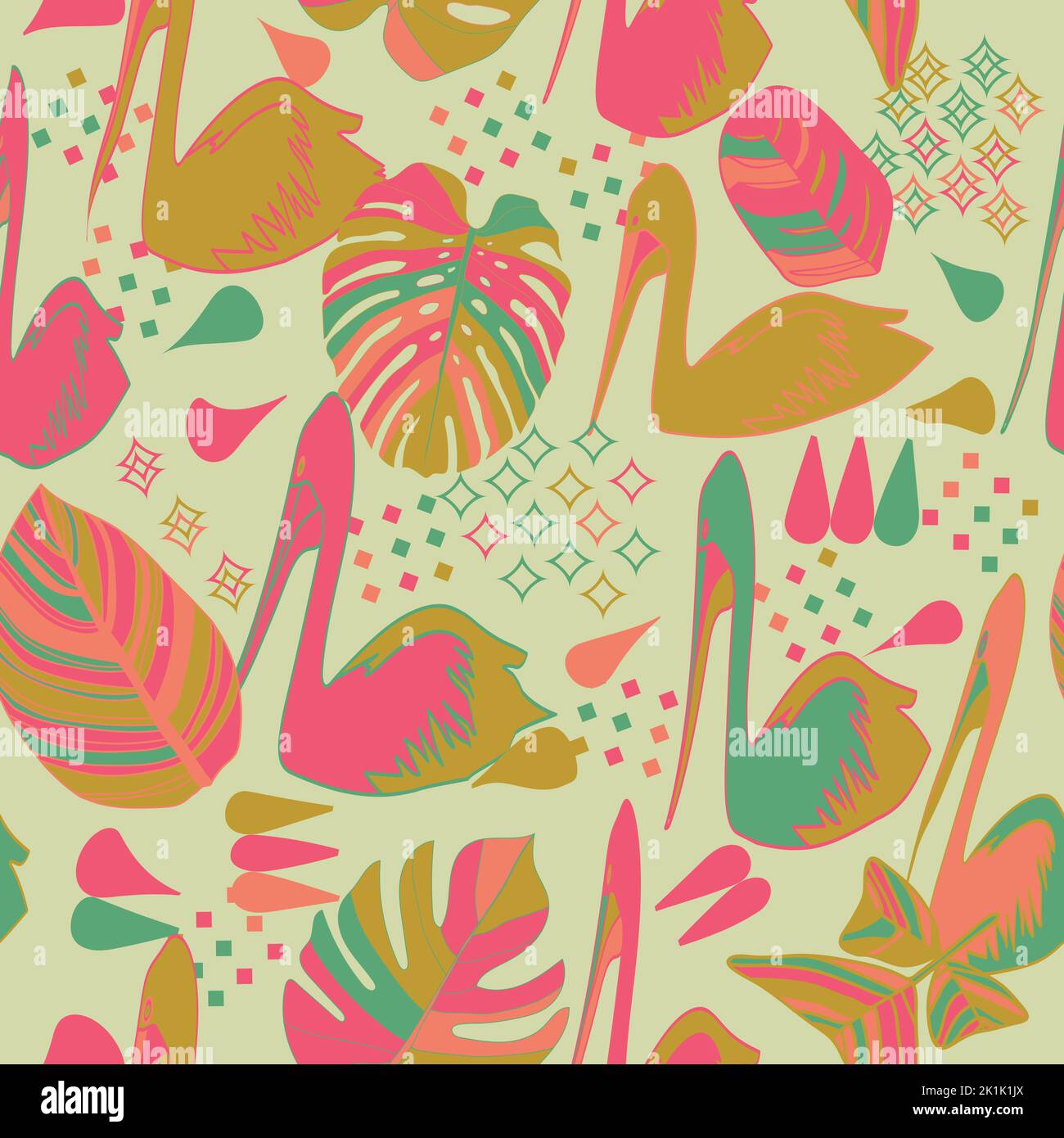 Seamless pattern with pelican birds, geometric shapes and tropical ...