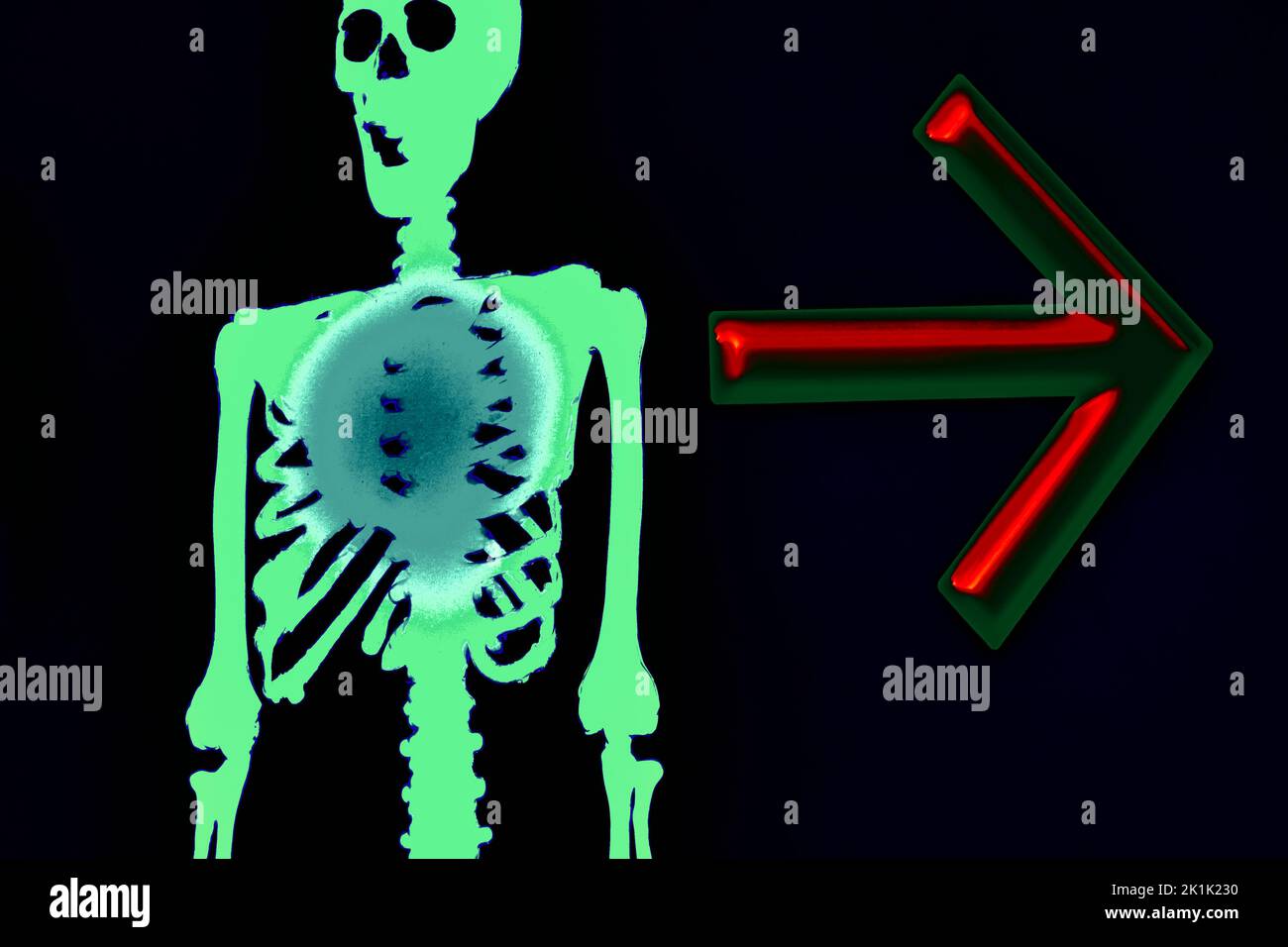 Halloween green funny skeleton with red arrow indicating the direction ...
