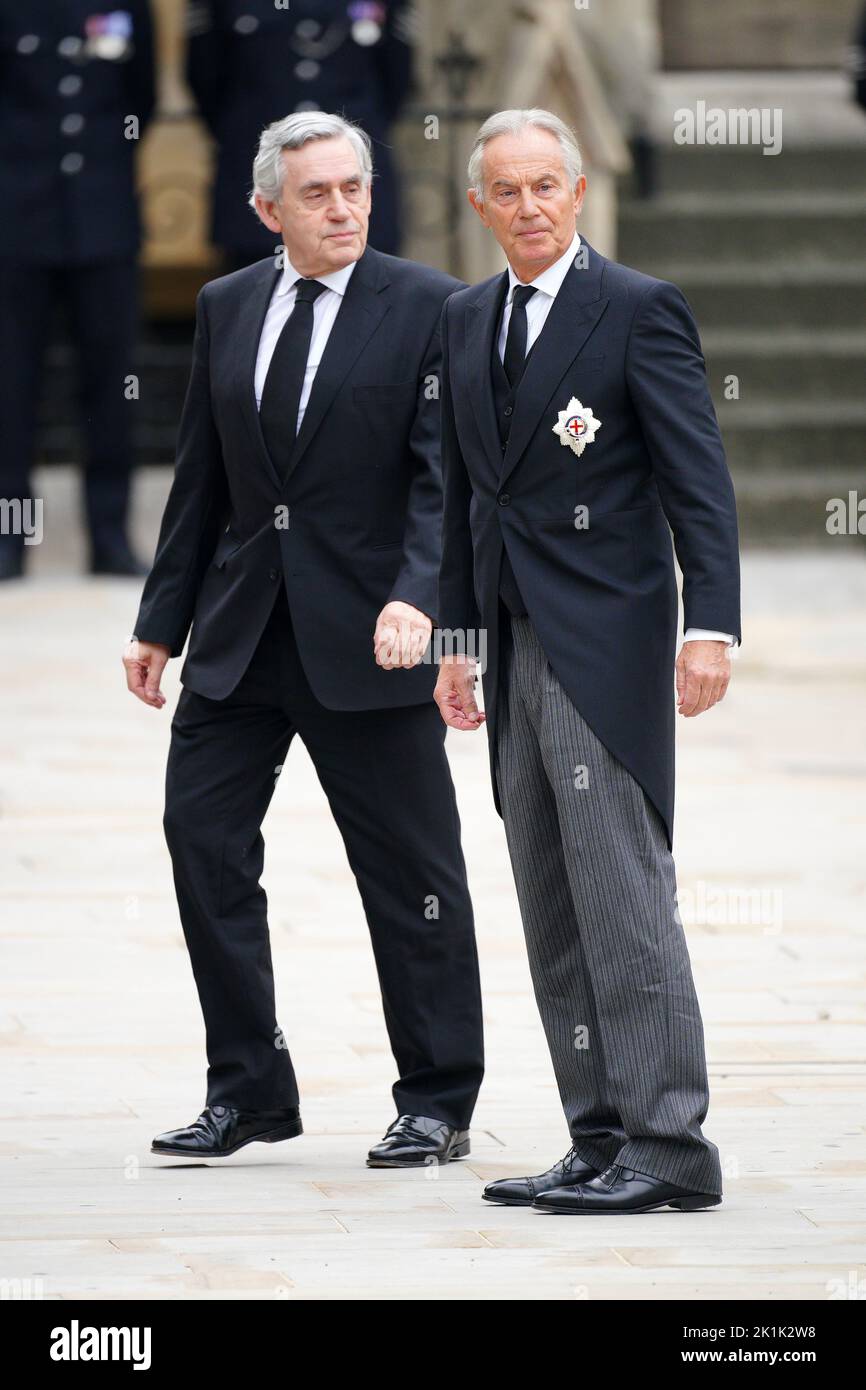 Former prime ministers Tony Blair (right) and Gordon Brown arriving at the State Funeral of ...