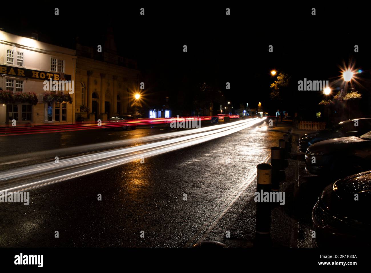 A night street view with light trails outside the Bear Hotel in Devizes ...