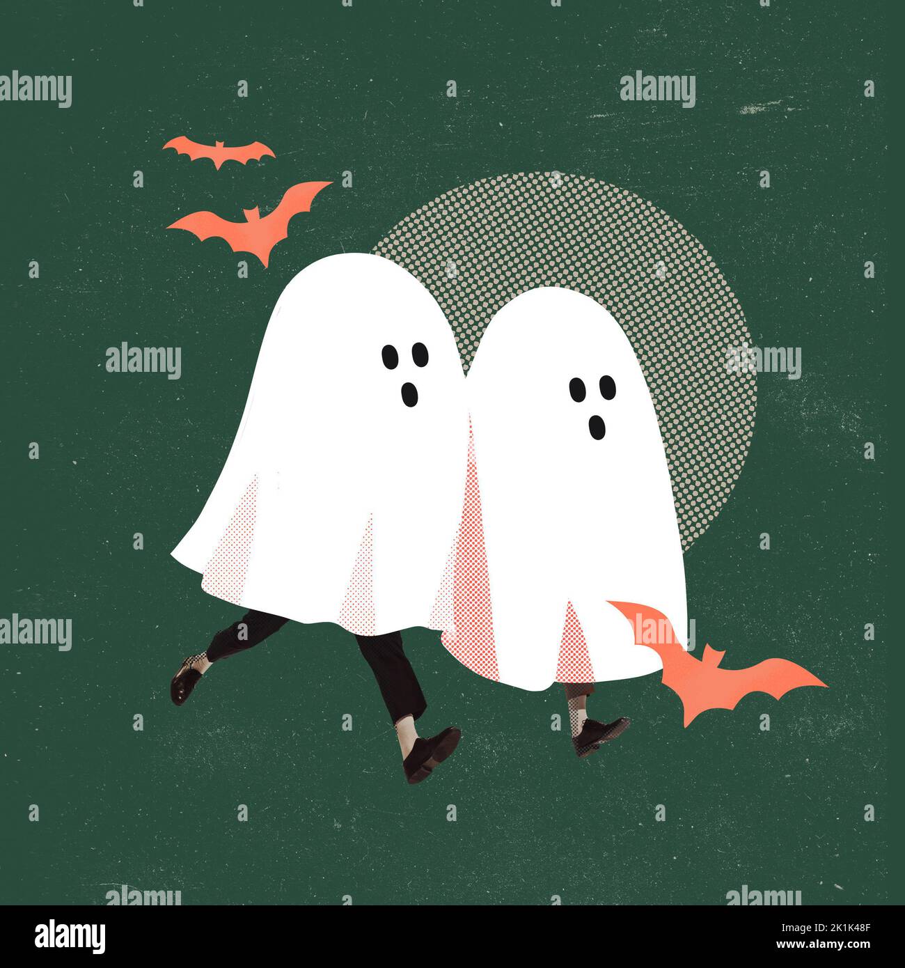 Contemporary art collage. Cute images of ghosts on human legs running ...