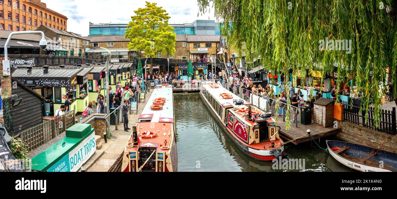 panorama crowds of tourists and canal barges in camden lock camden town london uk Stock Photo ...