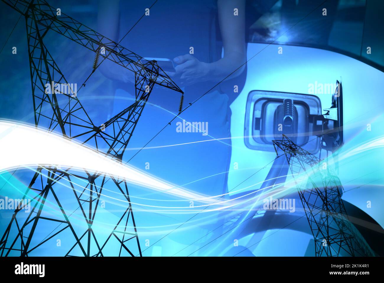 Blue wave design against the evening electricity pylon silhouette Stock ...
