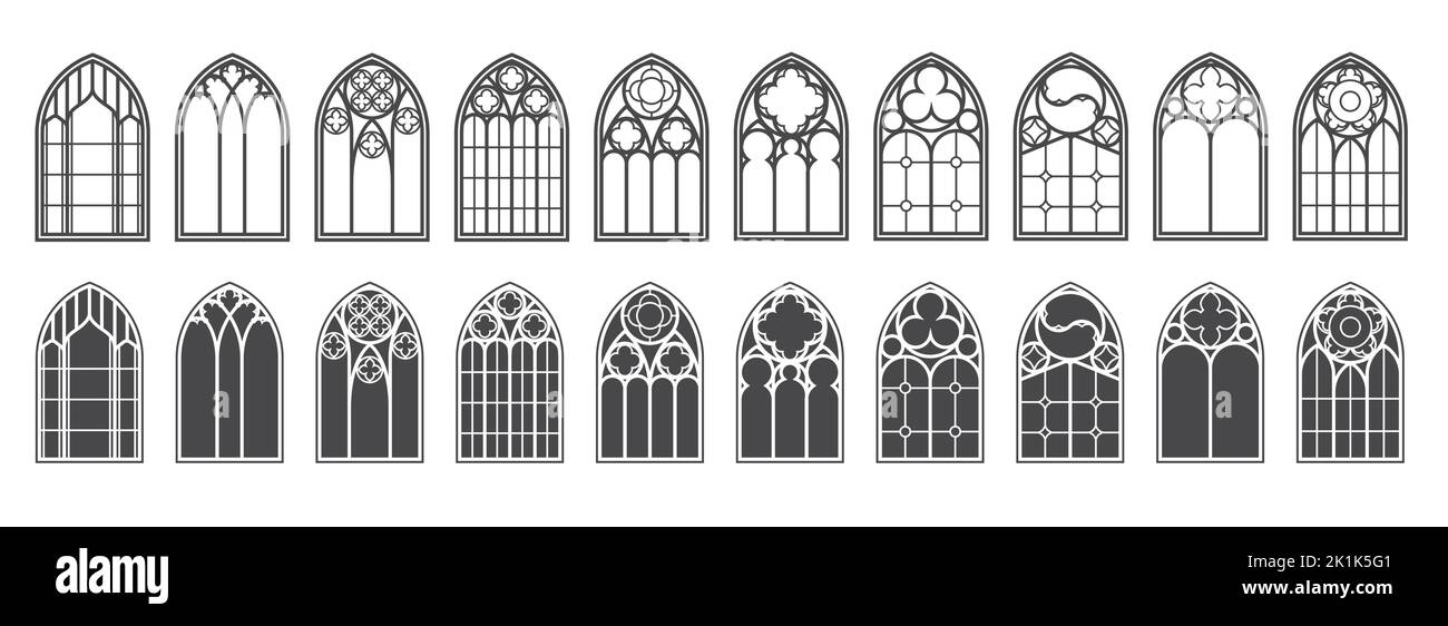 Church windows set. Silhouettes of gothic arches in line and glyph ...