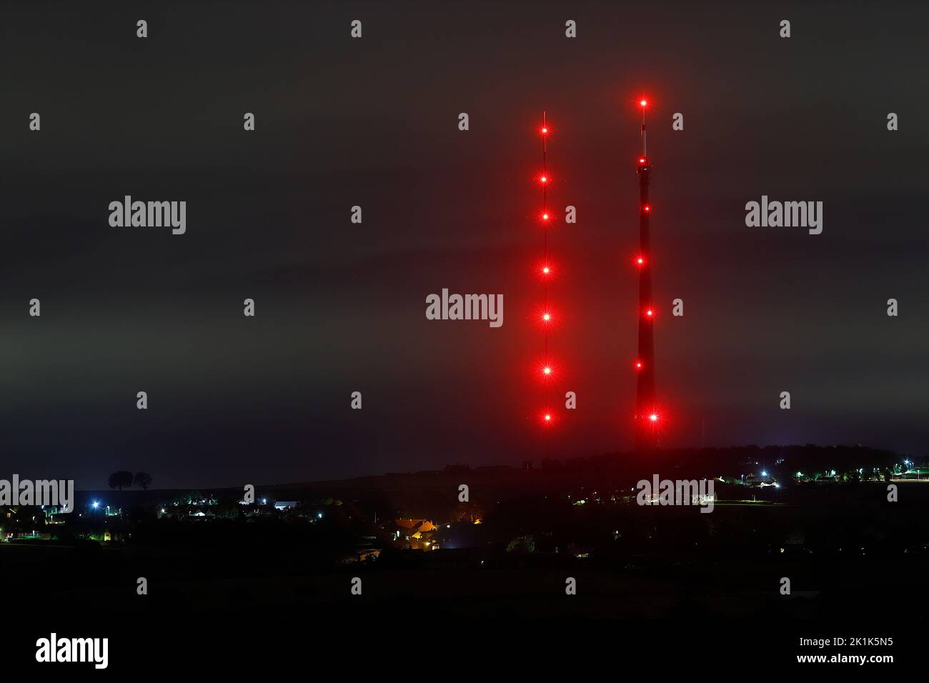 Aircraft warning lights on Arqiva Tower at Emley Moor in West Yorkshire ...