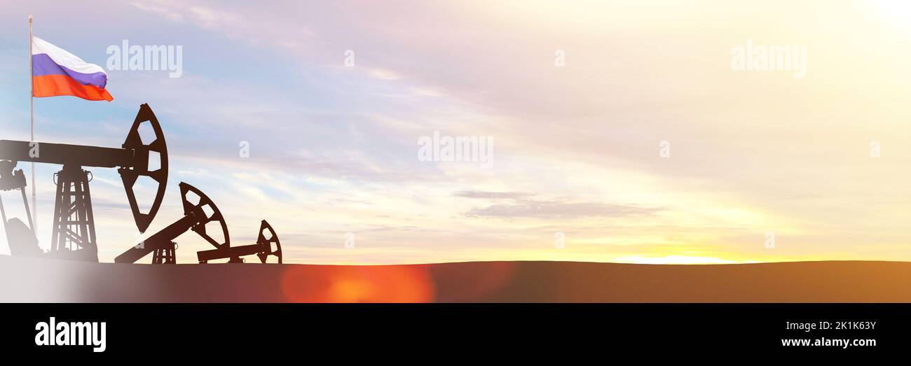 Oil in Russia. Flag of Russian Federation and oil refinery. Oil exports ...