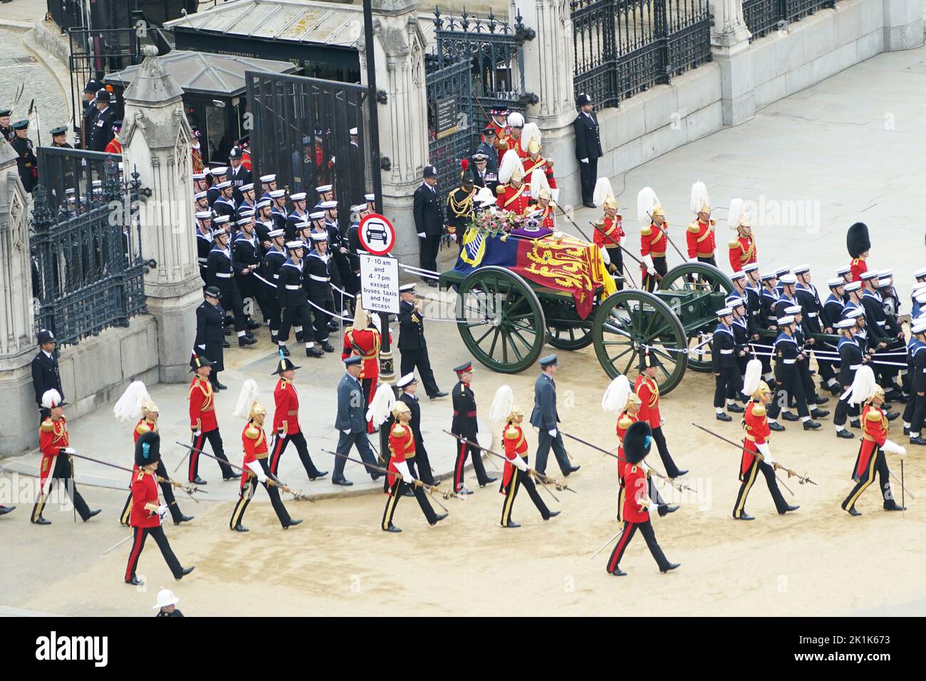 The State Gun Carriage carries the coffin of Queen Elizabeth II, draped ...