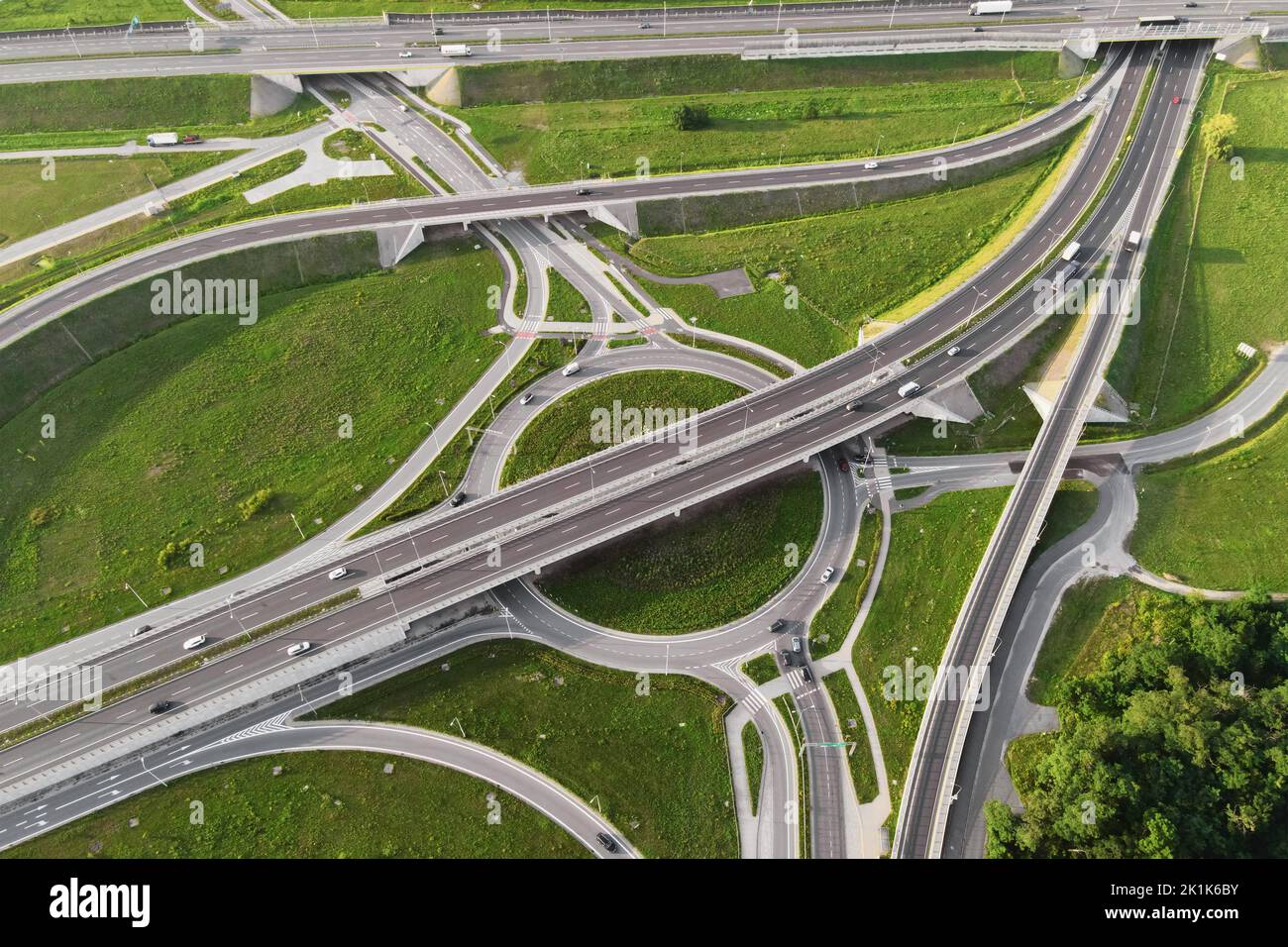 Top view of cars driving on round intersection in city, Transportation ...