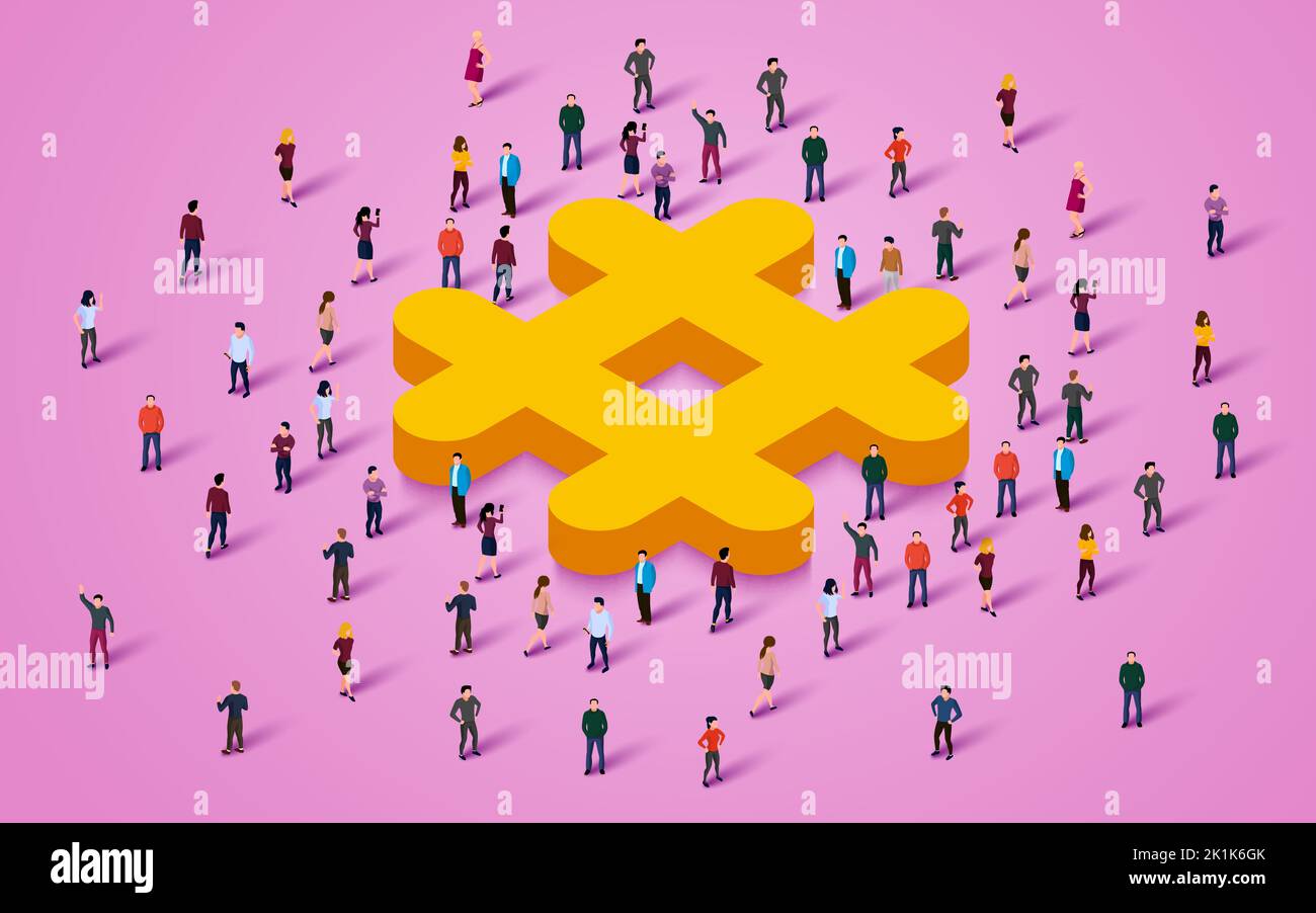 Big people crowd gathering around hashtag symbol social media and ...