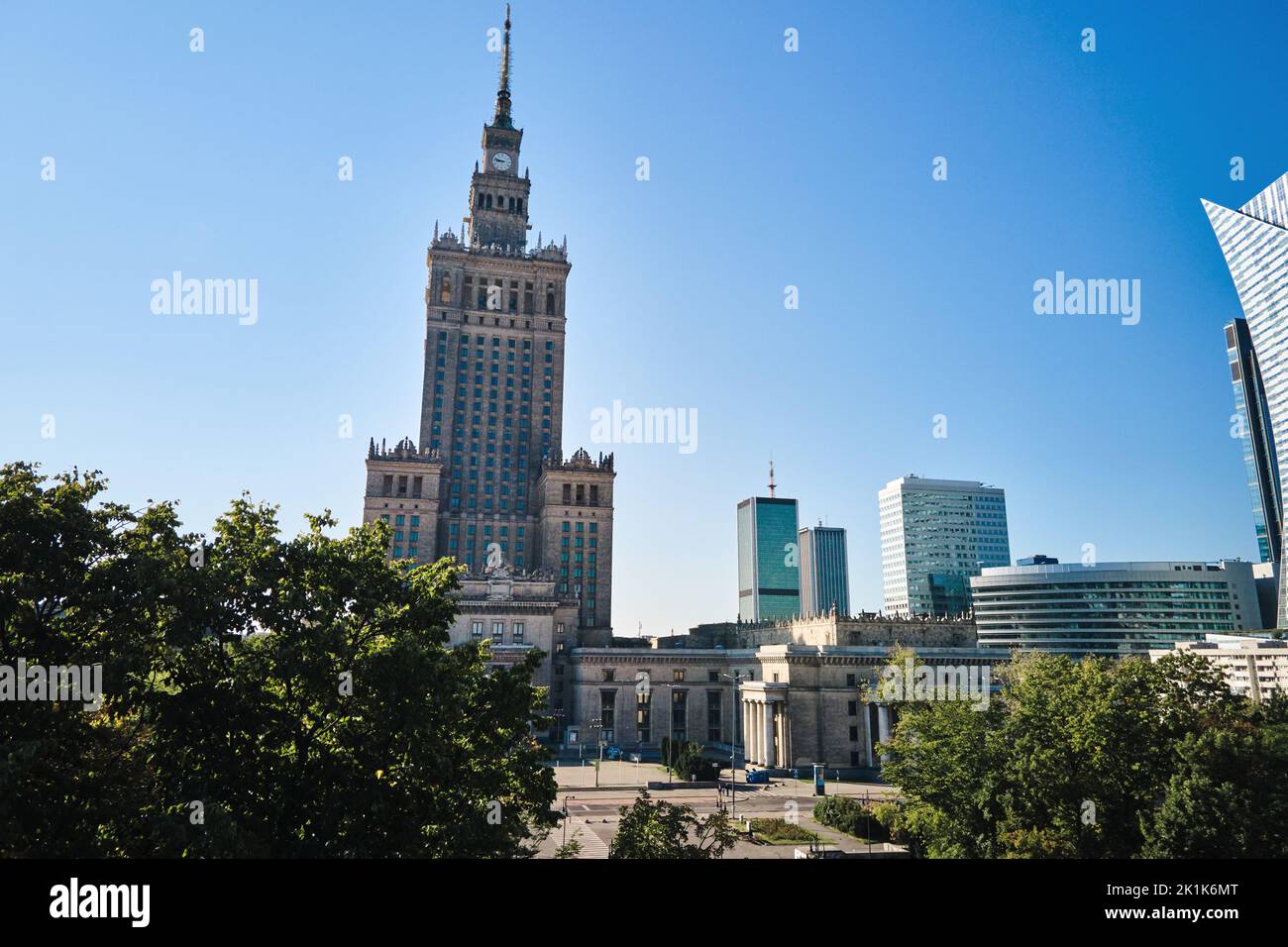 Aerial drone view of Warsaw cityscape, Warsaw Palace of culture and ...