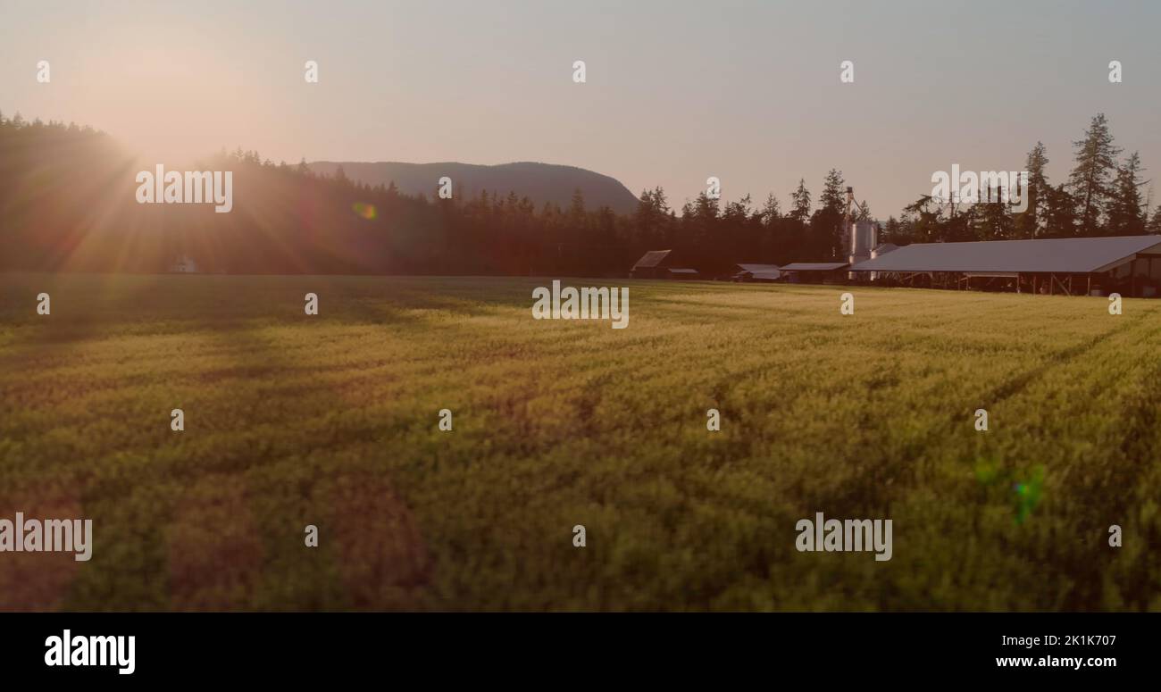 Image of farmhouse, field with trees and lake on sunny day. arbor day ...