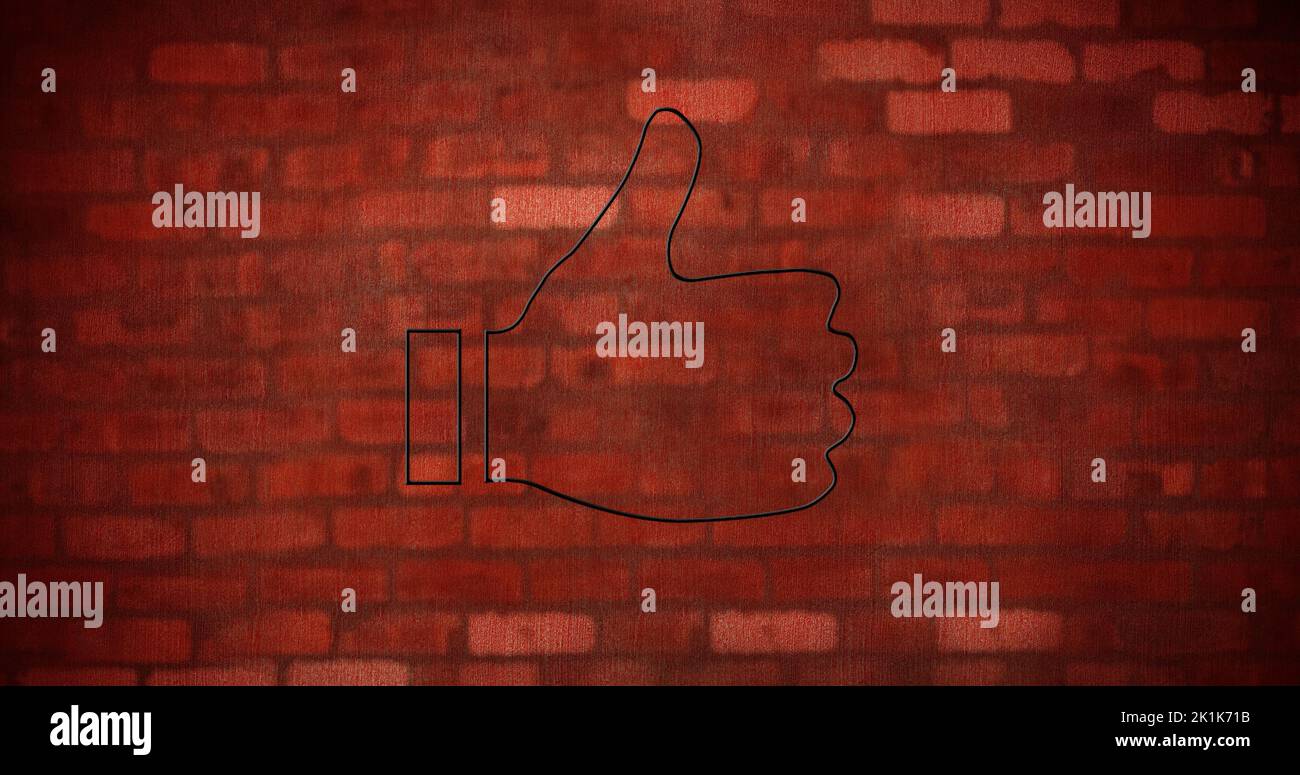 Image of glowing neon thumb up icon on brick wall. social media and ...