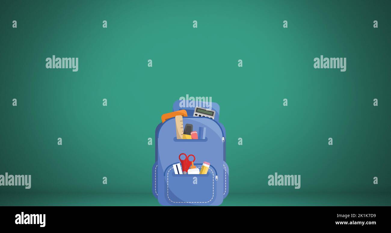 Image of school satchel with notebook, apple, pencil and multiple ...