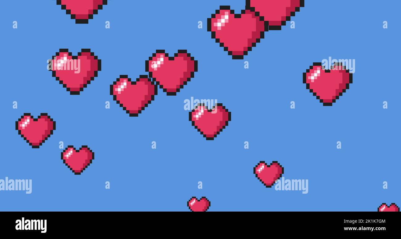 Image of multiple pixelated heart icons moving on blue background ...