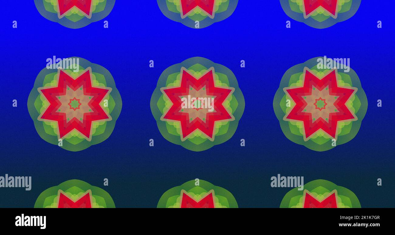 Image of rows of glowing multiple kaleidoscope abstract shapes moving in hypnotic motion in ...