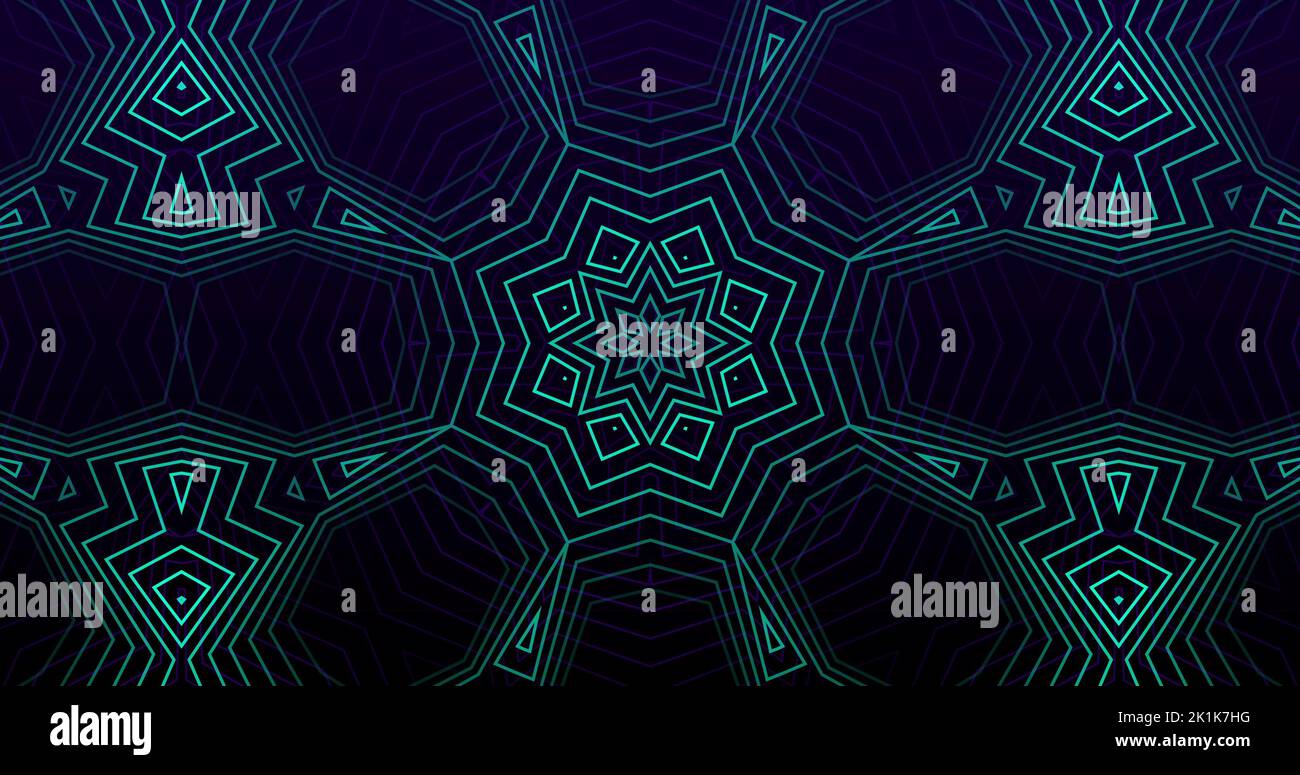Image of rows of glowing multiple kaleidoscope abstract outlined shapes moving in hypnotic ...