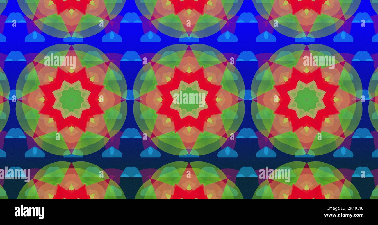 Image of rows of glowing multiple kaleidoscope abstract shapes moving in hypnotic motion in ...