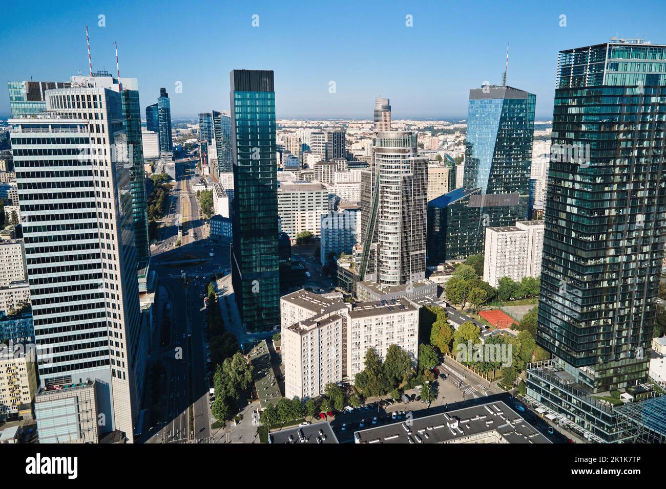 Aerial drone view of Warsaw cityscape, Center of Warsaw city with ...