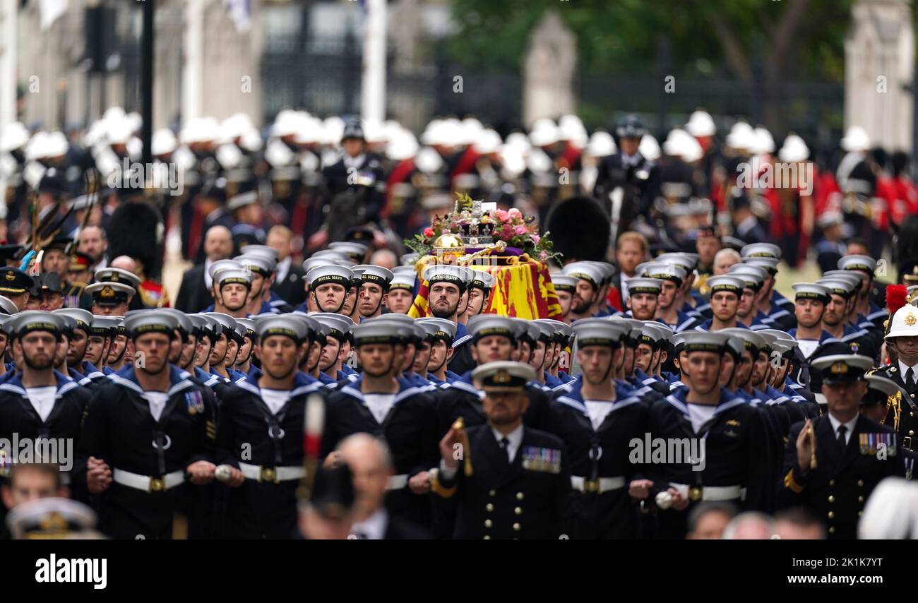 The State Gun Carriage carries the coffin of Queen Elizabeth II, draped ...