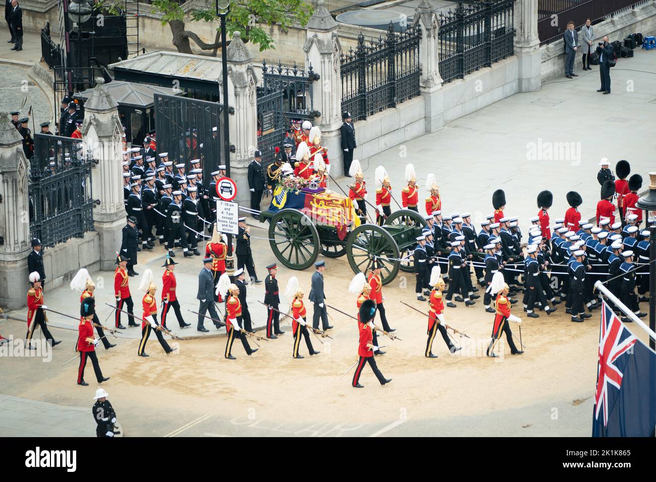 The State Gun Carriage carries the coffin of Queen Elizabeth II, draped ...