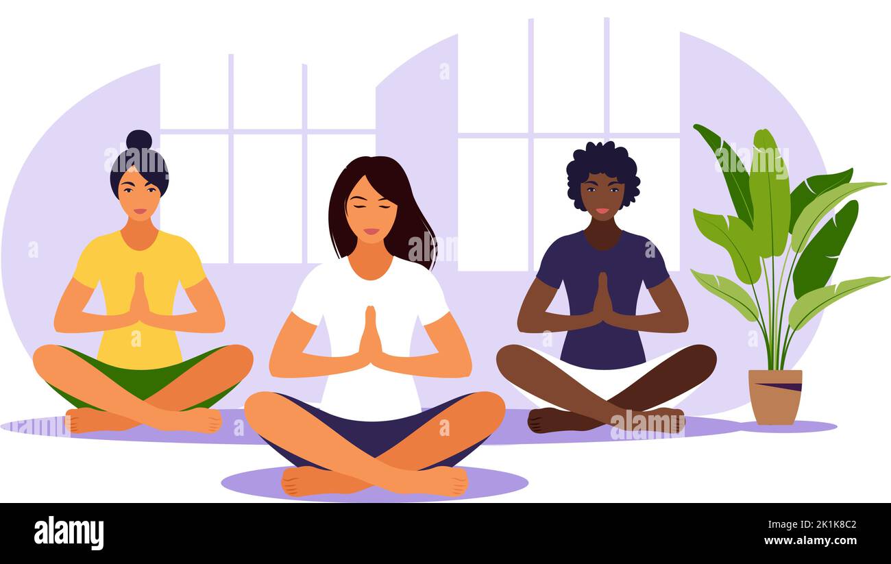 Yoga class. Meditation. Group workout. Flat illustration. Vector Stock ...