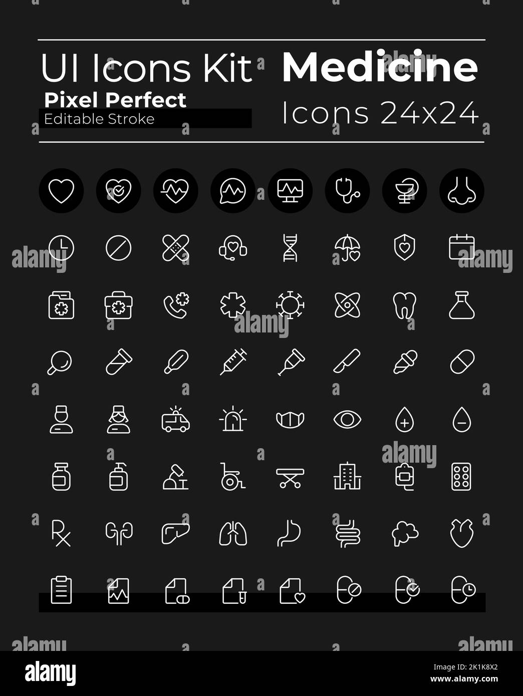 Medicine related pixel perfect white linear ui icons set for dark theme Stock Vector Image & Art ...