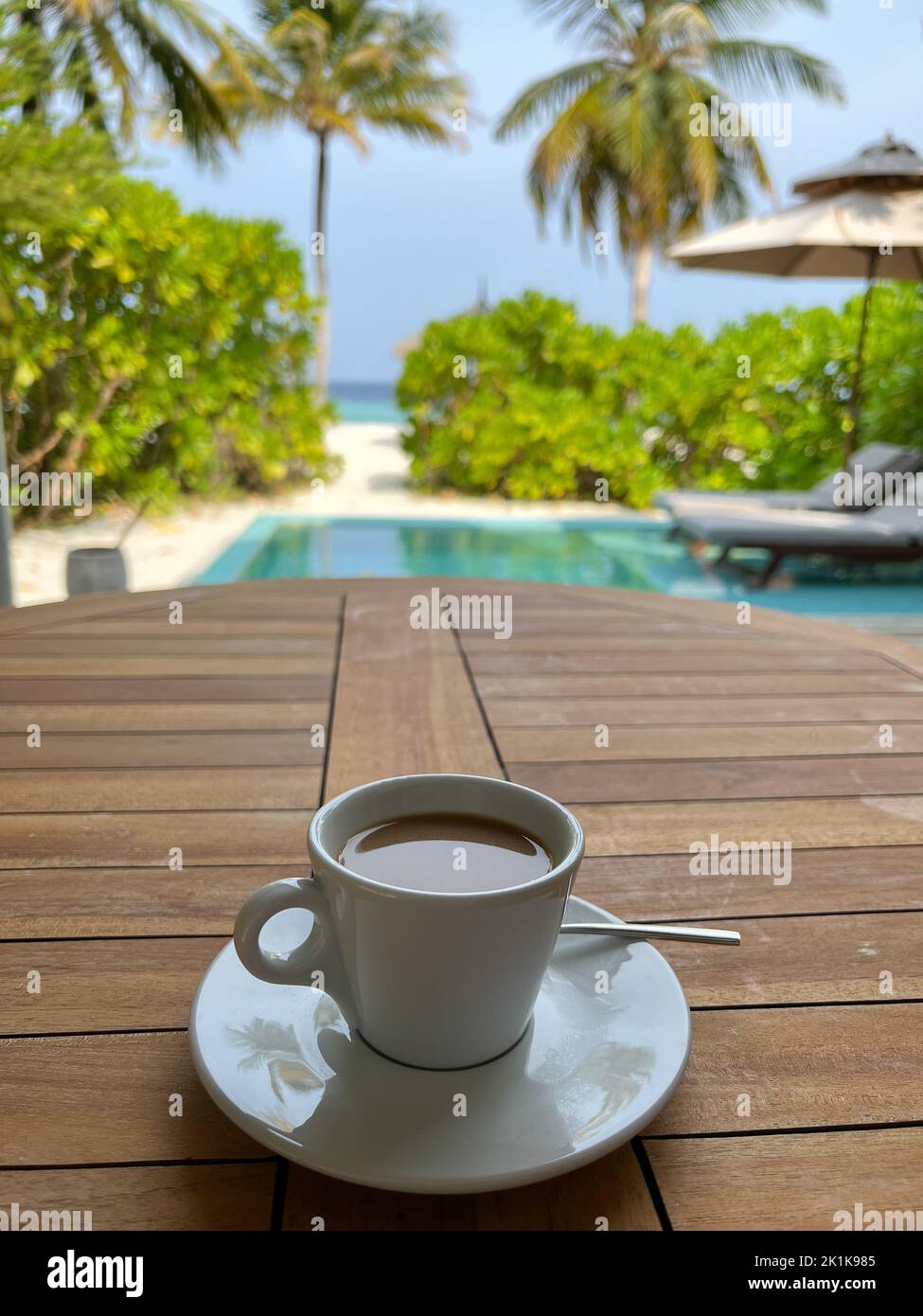 Selective focus on a cup of coffee in a white cup with a defocused ...
