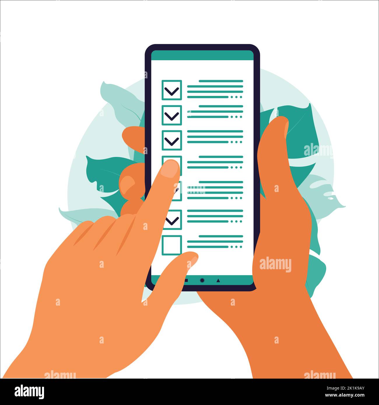 Checklist on smartphone screen. Online survey concept. Hand holds ...
