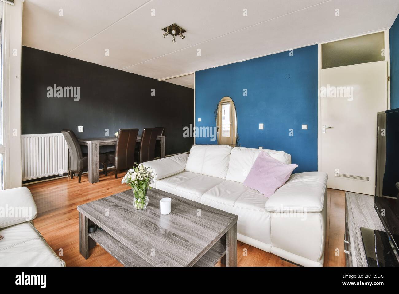 Square table placed on mat near couch and TV in stylish living room of ...