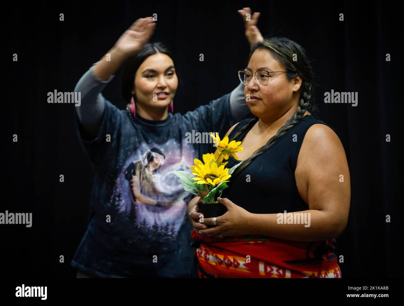 Actors Mary Rose Cohen, left, and Janine Owlchild rehearse for the play ...