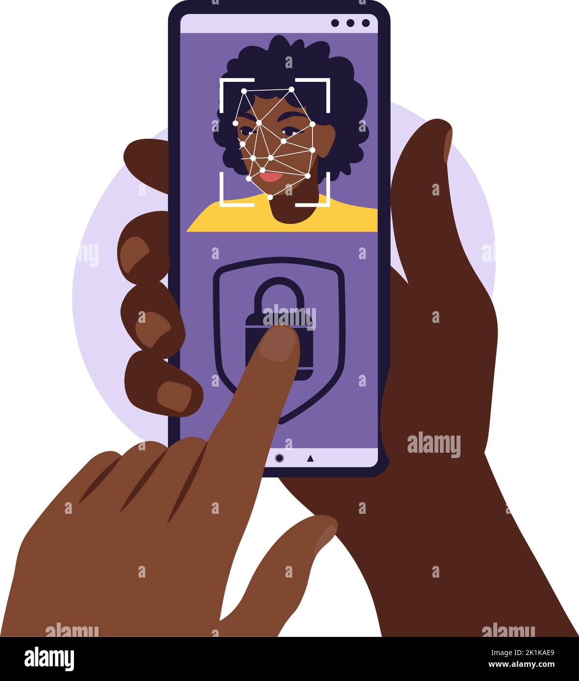 Face recognition and identification, face ID concept. Hands with phones ...