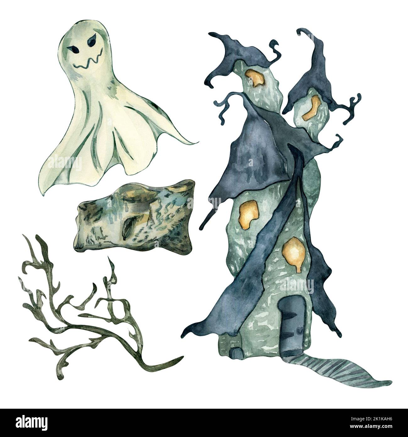 Halloween set, witch house watercolor illustration isolated on white ...