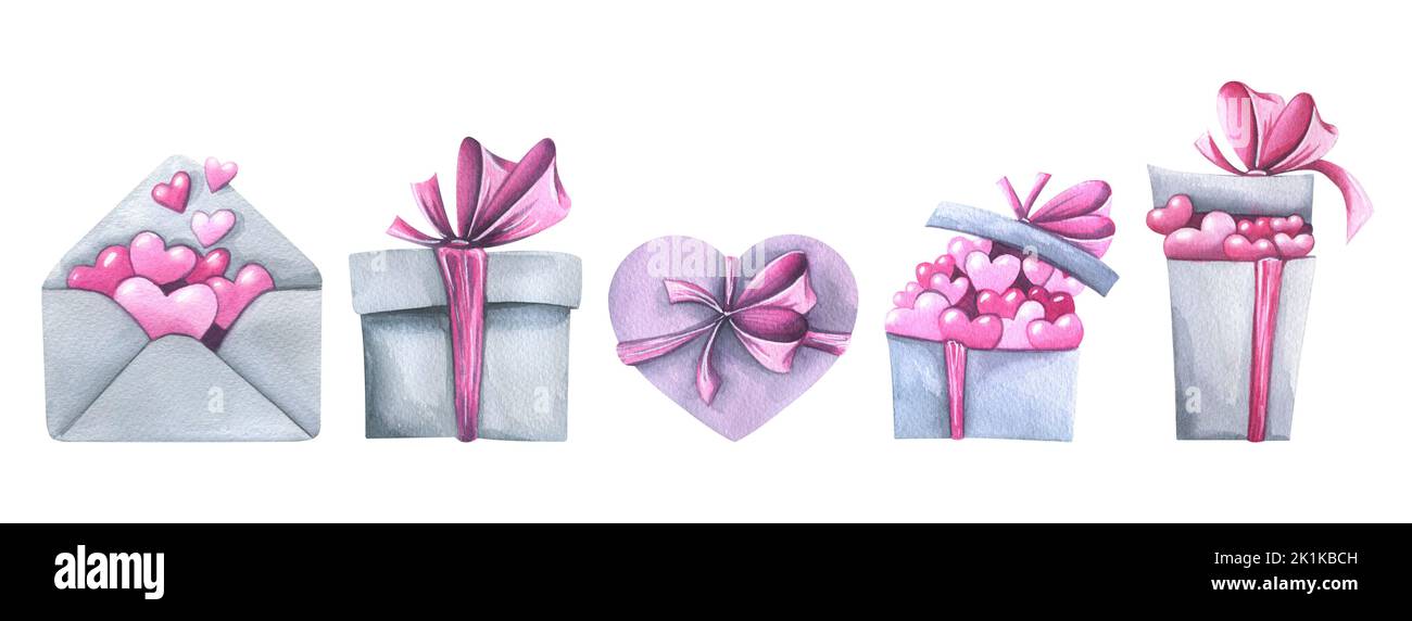 A set of gifts, holiday boxes with bows and hearts. Watercolor ...