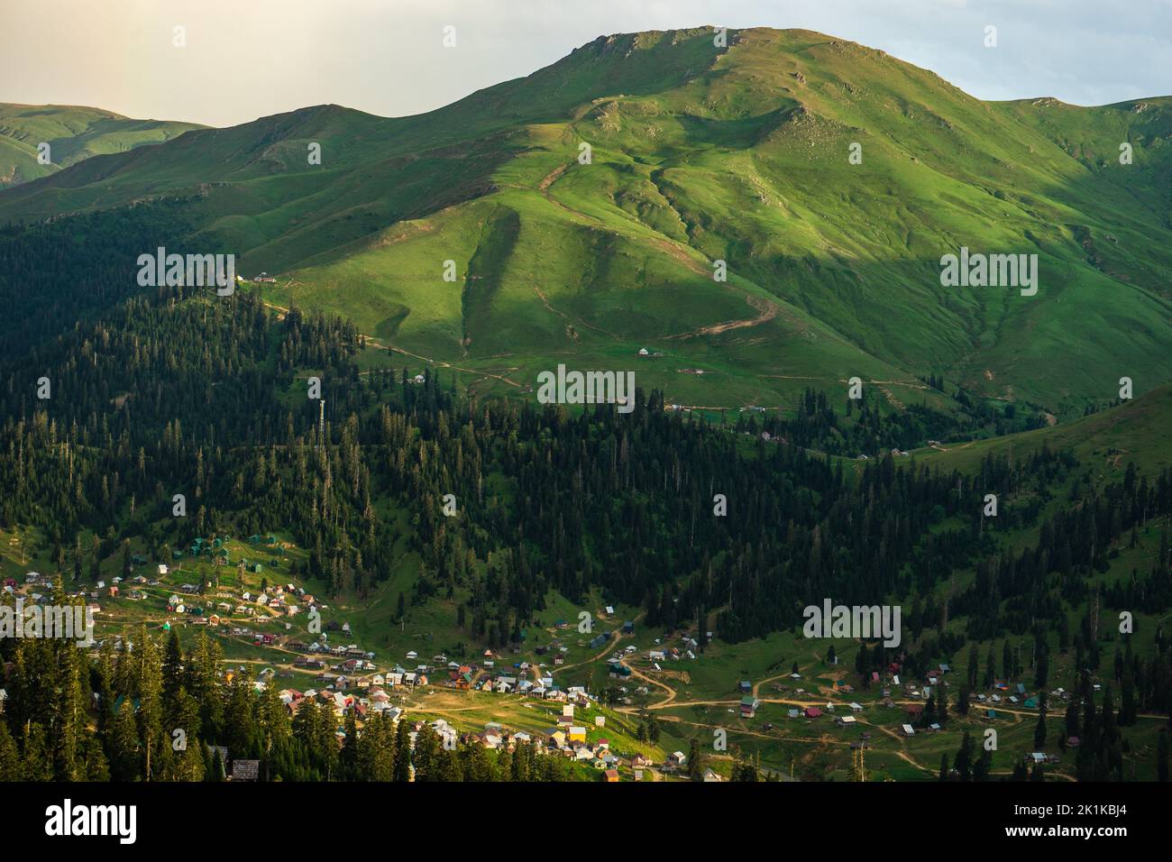 Aerial view of traditional village houses in mountains, Bakhmaro ...