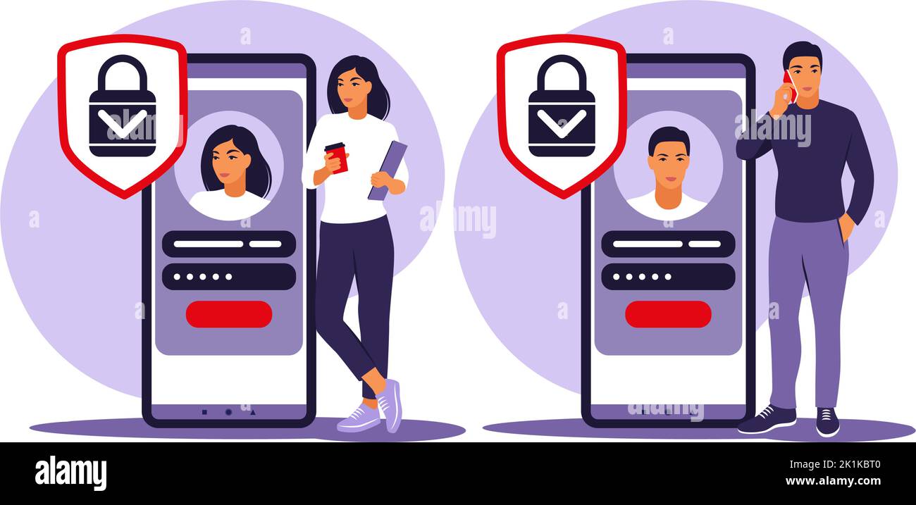 Sign up concept. Young people signing up or login to online account on smartphone app. Secure ...