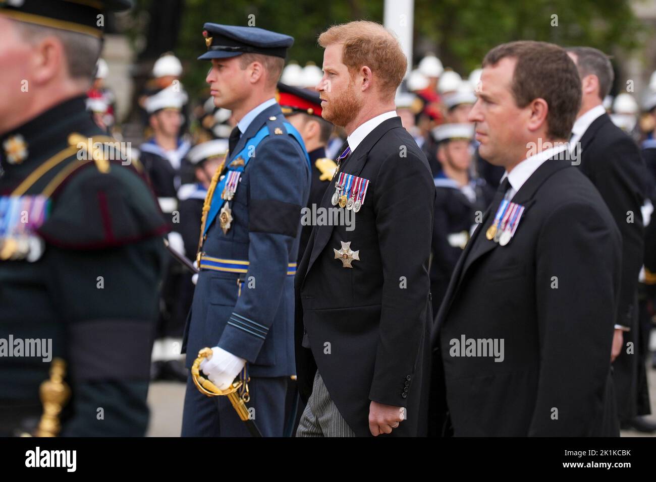 (Left-right) the Prince of Wales, the Duke of Sussex and Peter Phillips ...