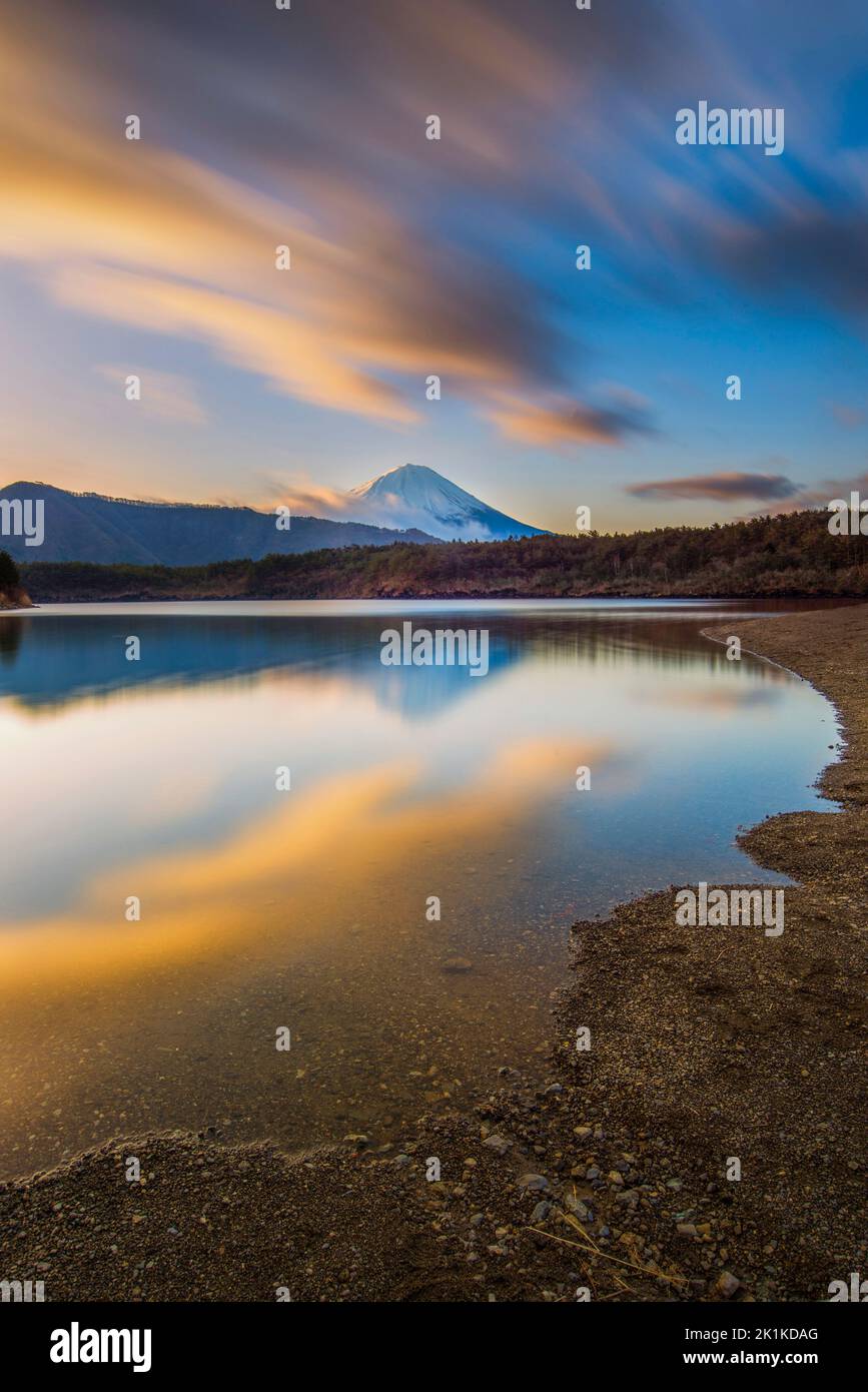 Mt Fuji view across Saiko Lake and Aokigahara Jukai forest, Fuji-Hakone ...