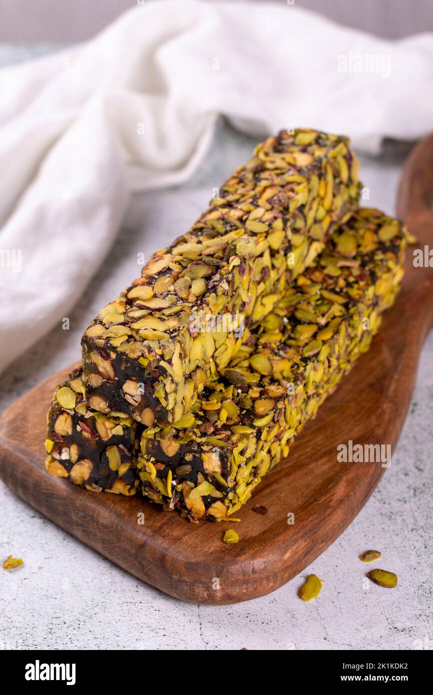 Turkish delight with pistachio on a gray background. Turkish delight ...