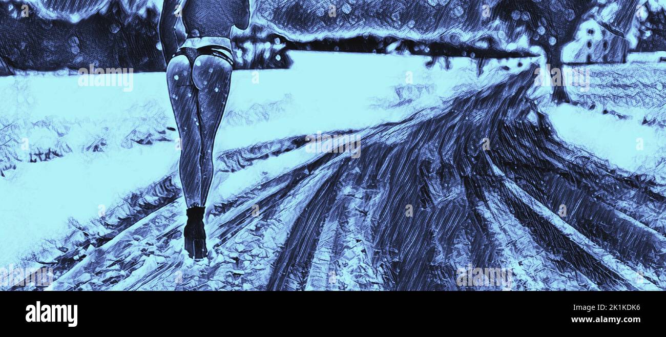A girl in a bikini walks along a snowy road, panoramic view. Artistic ...