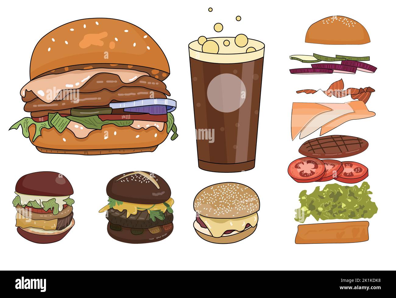 A simple illustration of a set of burgers and ingredients with soda ...