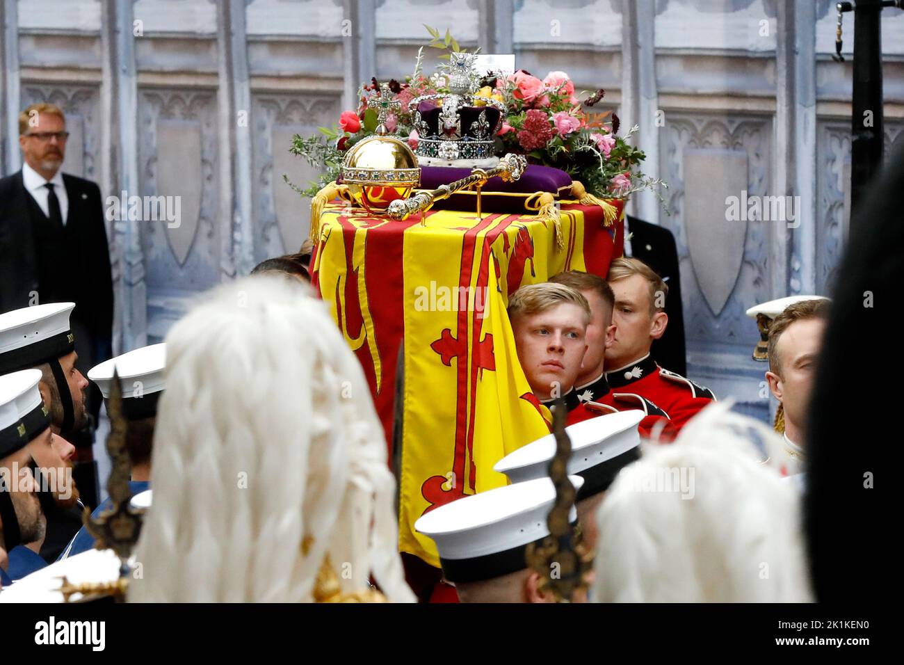 The coffin of Queen Elizabeth II, draped in the Royal Standard with the ...