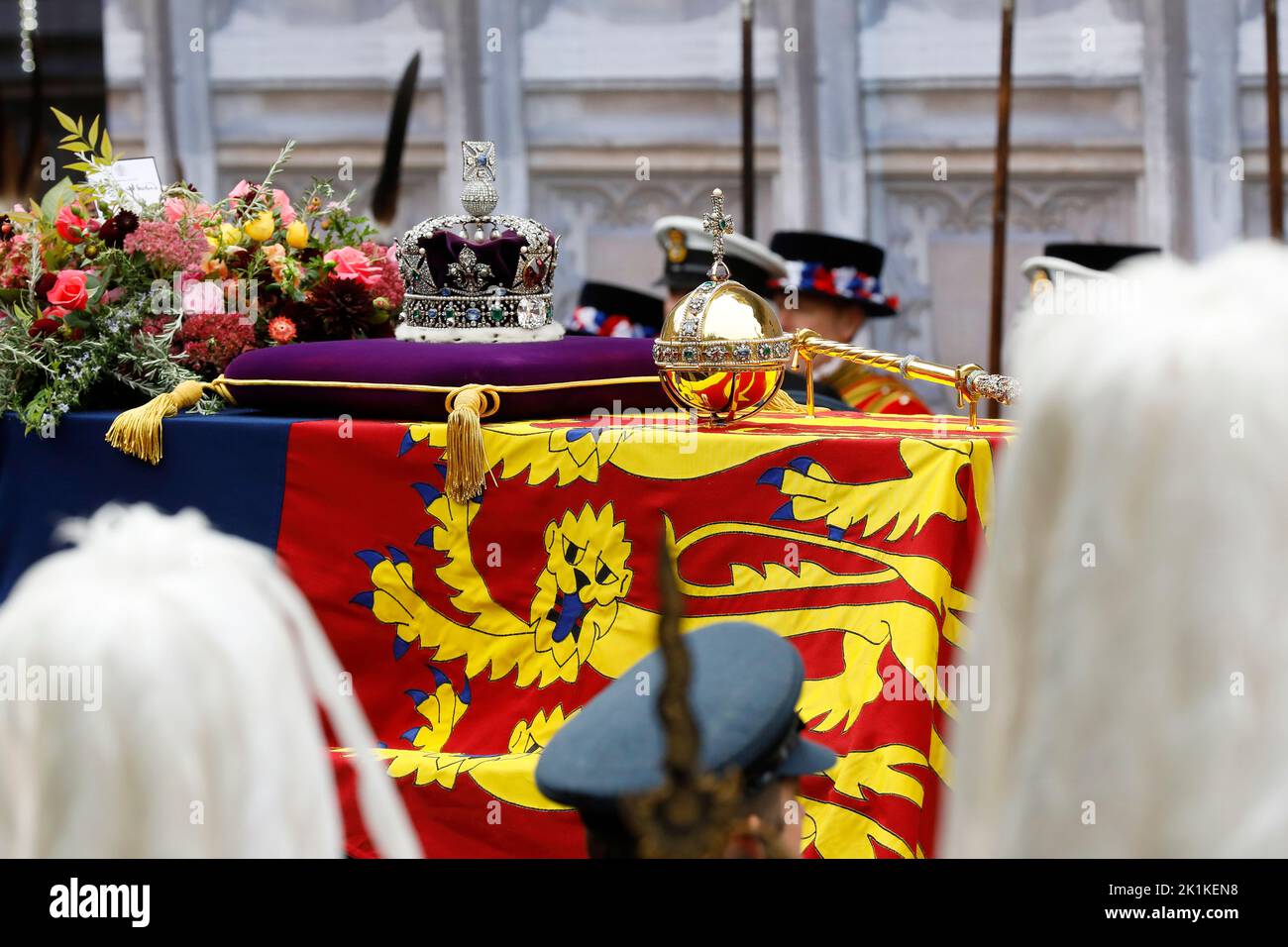 The coffin of Queen Elizabeth II, draped in the Royal Standard with the ...