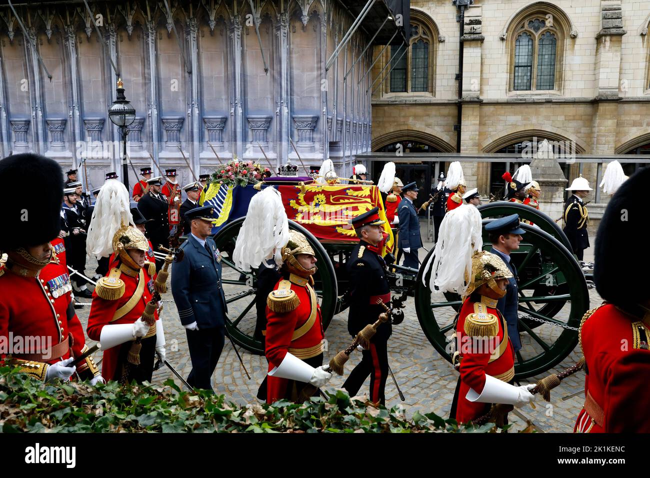 The coffin of Queen Elizabeth II, draped in the Royal Standard with the ...