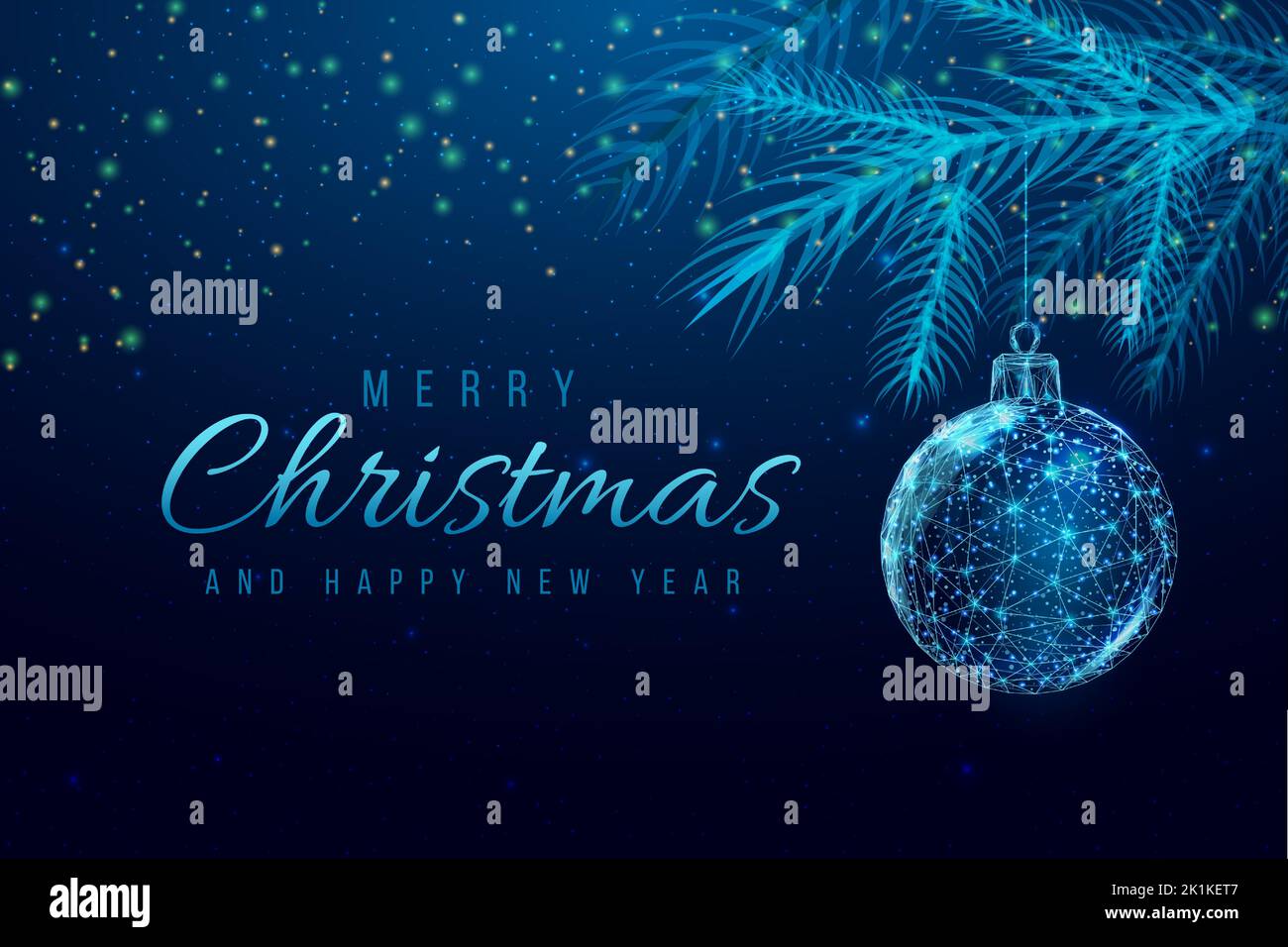 Wireframe Christmas ball and Christmas tree branches, low poly style ...