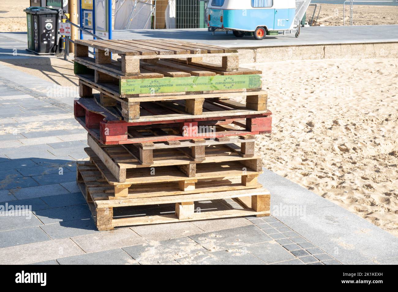 A stack of old wooden pallets on Great Yarmouth sea front promenade ...