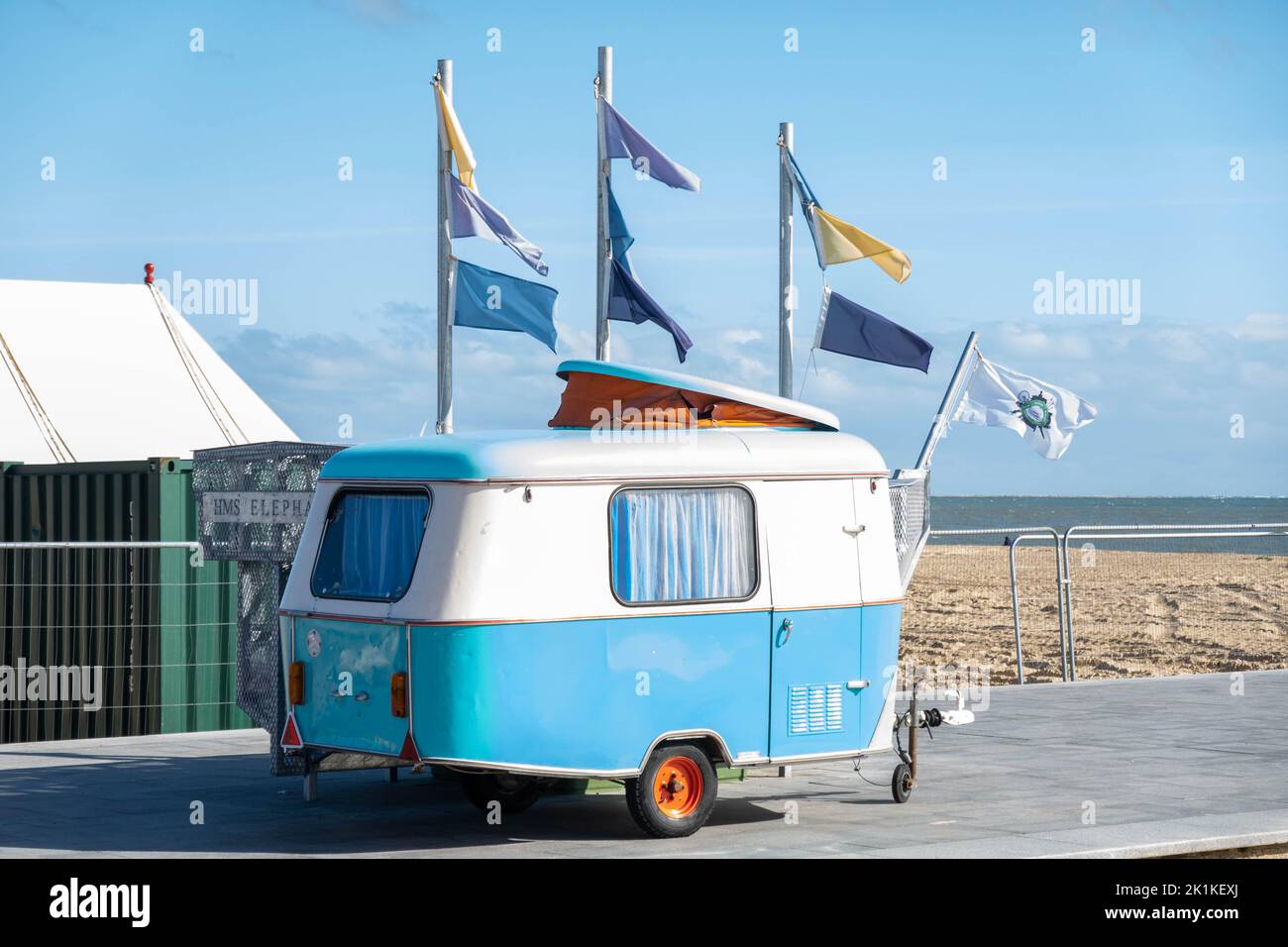 Vintage retro small caravan parked on Great Yarmouth sea front with ...