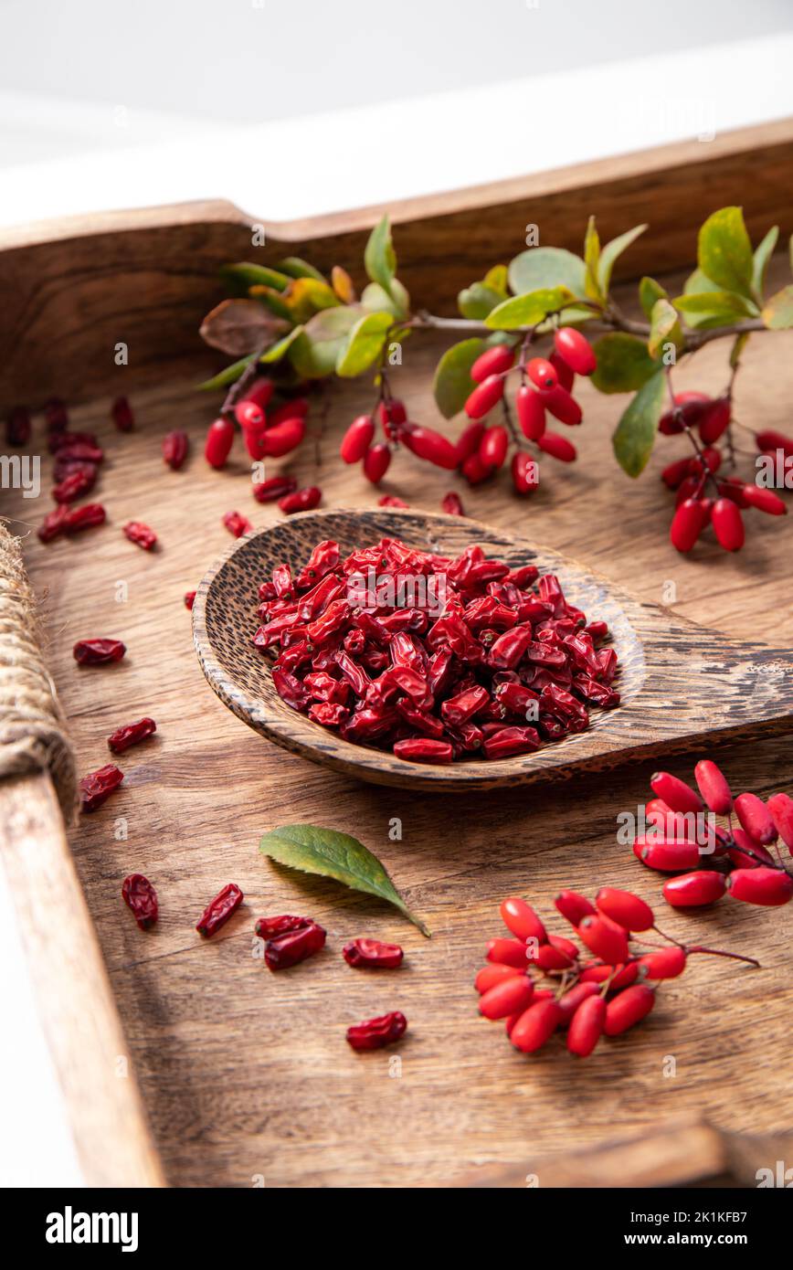 Pile of dried Berberis vulgaris also known as common barberry, European ...