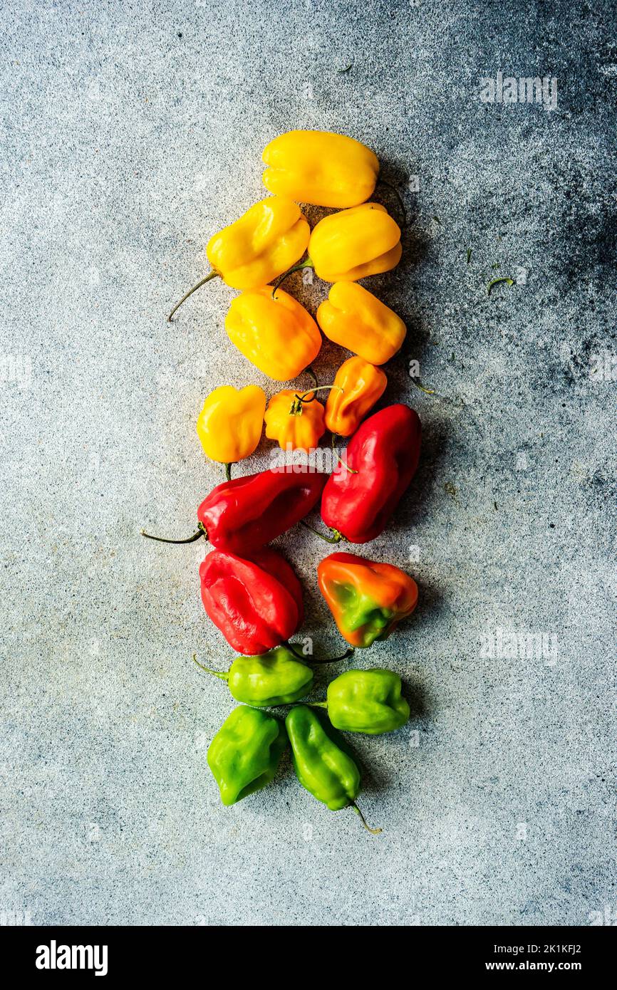 Overhead view of assorted red, green and yellow chilli peppers on a ...