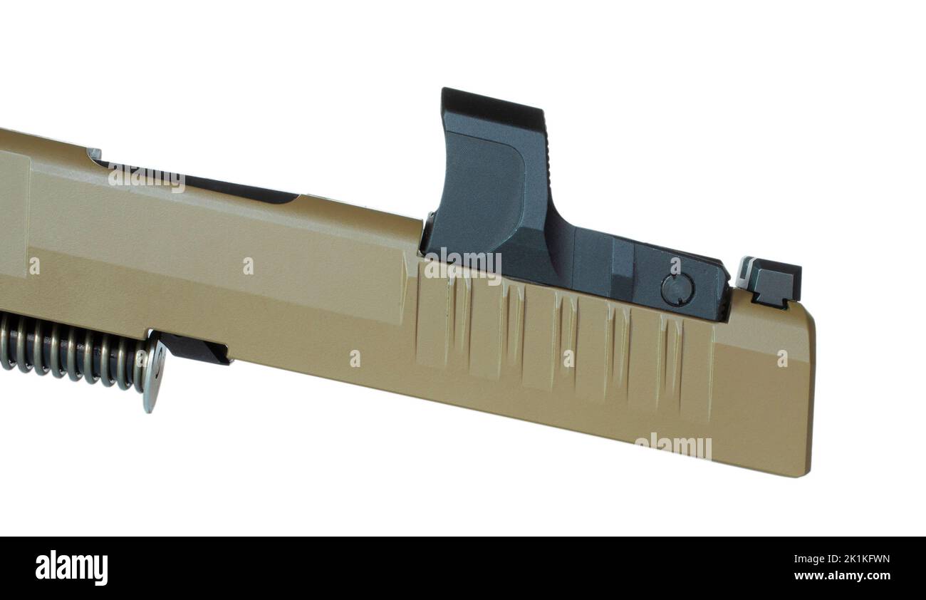 Red dot optic mounted on a semi automatic pistol slide isolated on ...